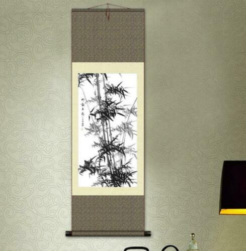 Chinese Silk Scroll Painting Lucky Bamboo Health Portraits Home Decor ...