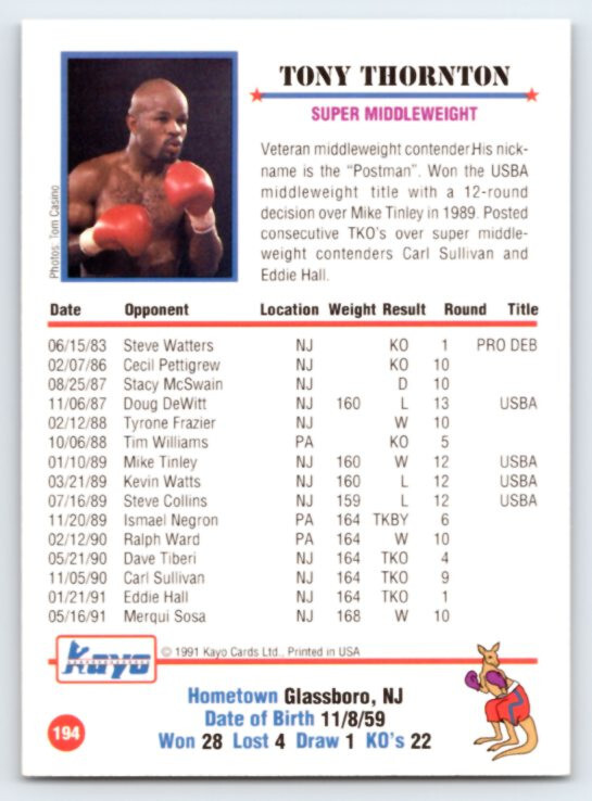 TONY THORNTON SUPER MIDDLEWEIGHT BOXER Kayo Boxing Trading Card 1991 B175 | eBay