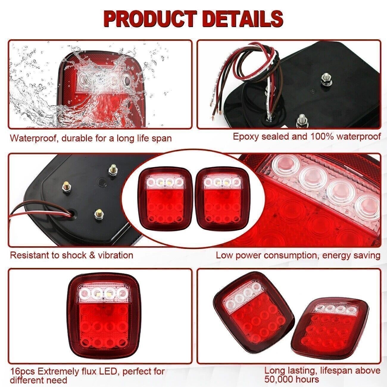 2x Rear LED Submersible Square Trailer Tail Lights Kit Boat Truck ...