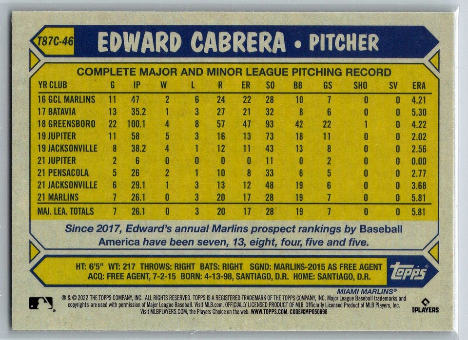 2022 Topps Chrome Mojo Edward Cabrera Miami Marlins #T87C-46 C1F | eBay