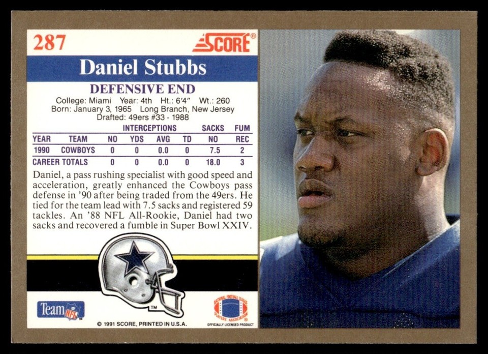 1991 Score Daniel Stubbs Dallas Cowboys #287 | eBay