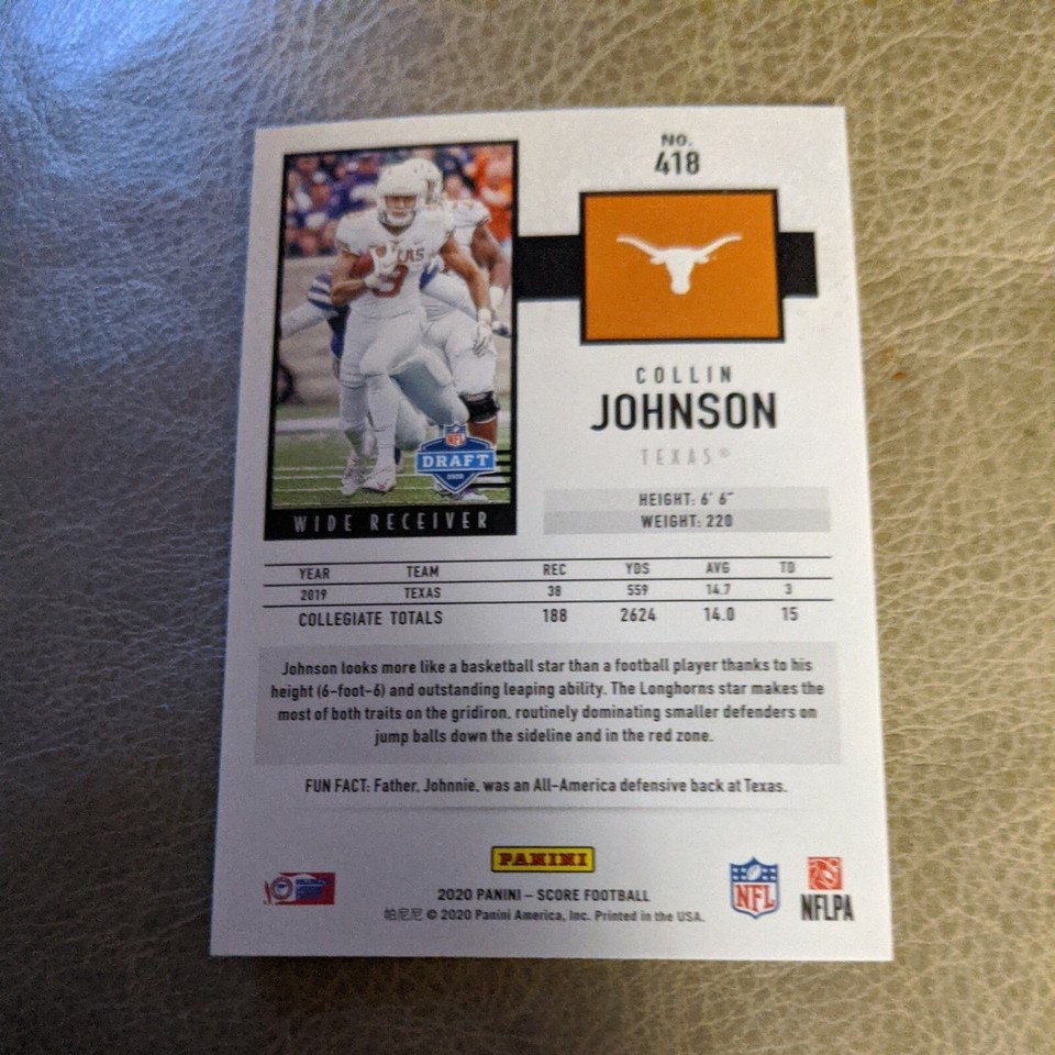 2020 SCORE COLLIN JOHNSON (RC) - CARD #418 - TEXAS LONGHORNS - FREE ...