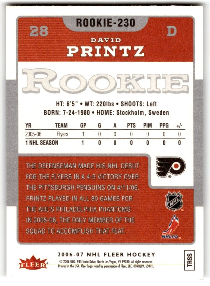 David Printz 2006-07 Fleer Rookie #230 Philadelphia Flyers | eBay