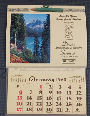 1963 Advertising Calendar w/Pencil Holiday Gift Promotion DAVIS Laundry ...
