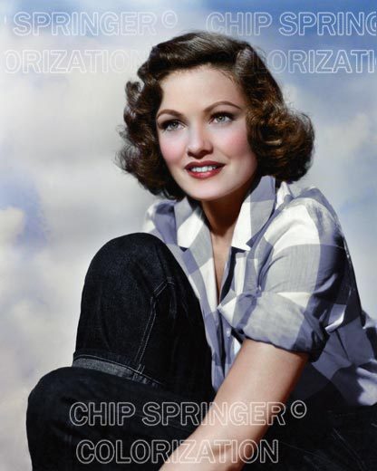 GENE TIERNEY WEARING JEANS & PLAID SHIRT BEAUTIFUL COLOR PHOTO BY CHIP ...