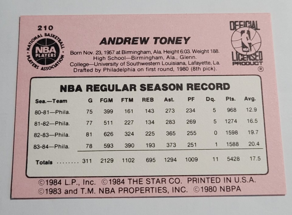 1984-85 Star #210 Andrew Toney Philadelphia 76ers | eBay