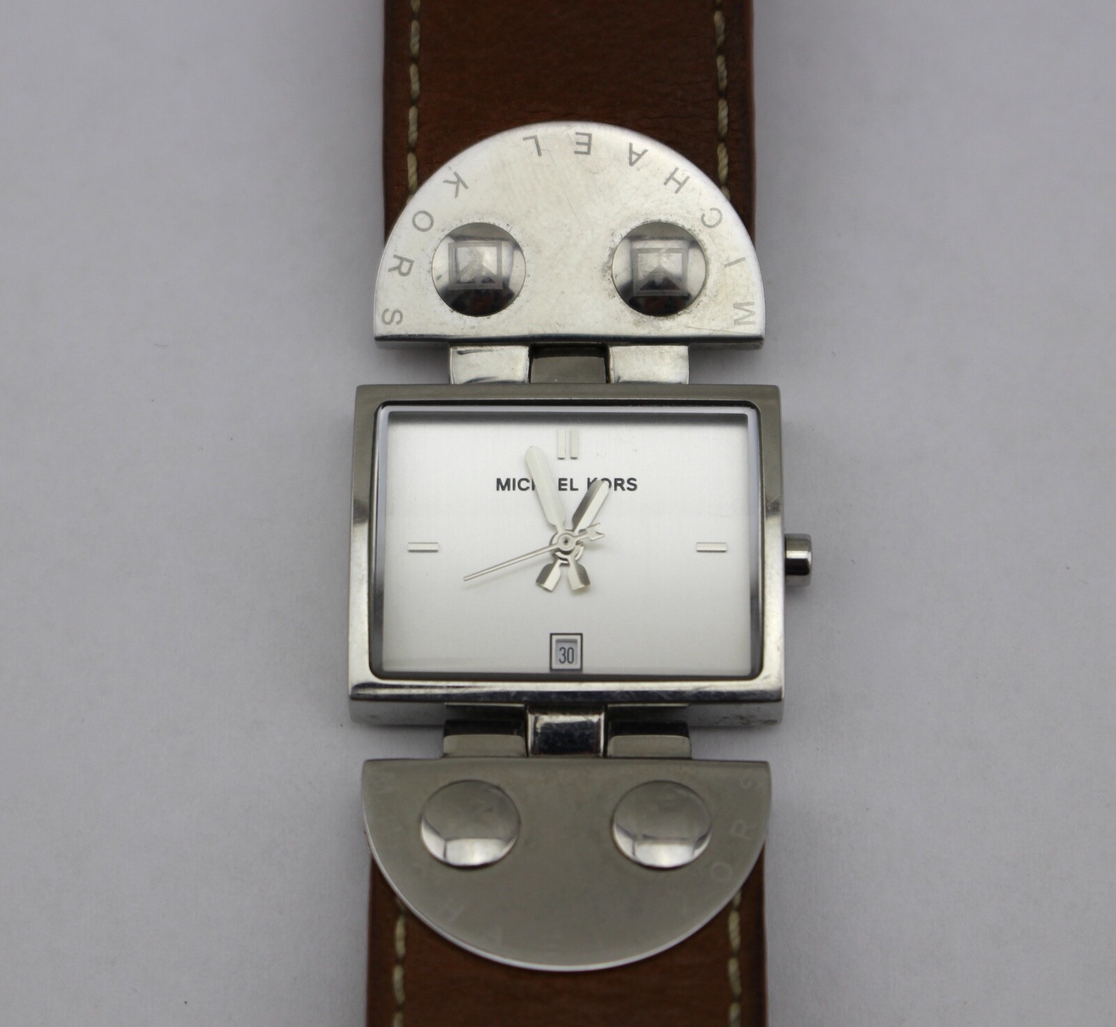 MICHAEL KORS Brown Leather Silver Tone Stainless Steel Studded Watch MK ...