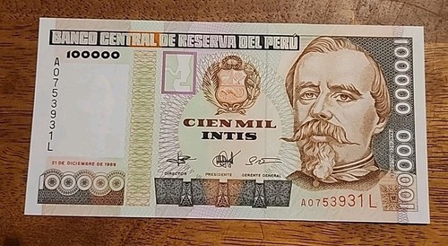 Peru PK #145 1989 100,000 Intis Uncirculated Banknote | eBay