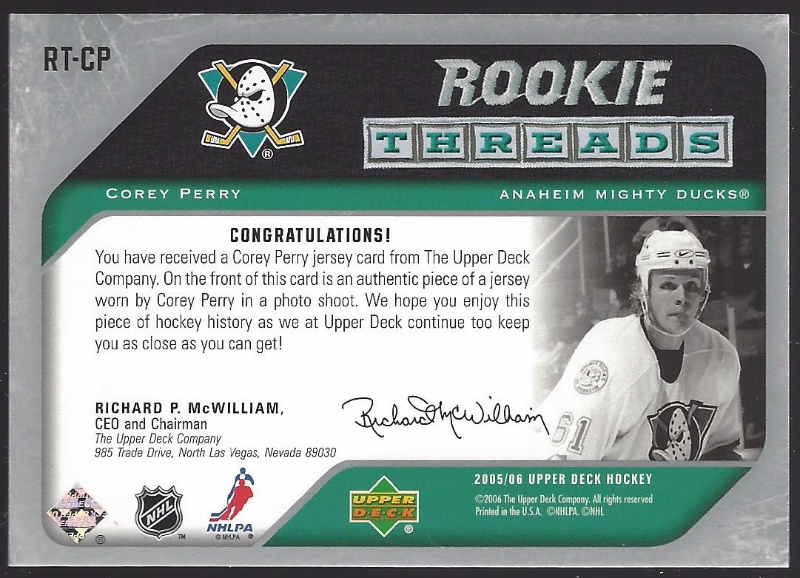 Corey Perry Anaheim Mighty Ducks 2005-06 Upper Deck Hockey Rookie ...