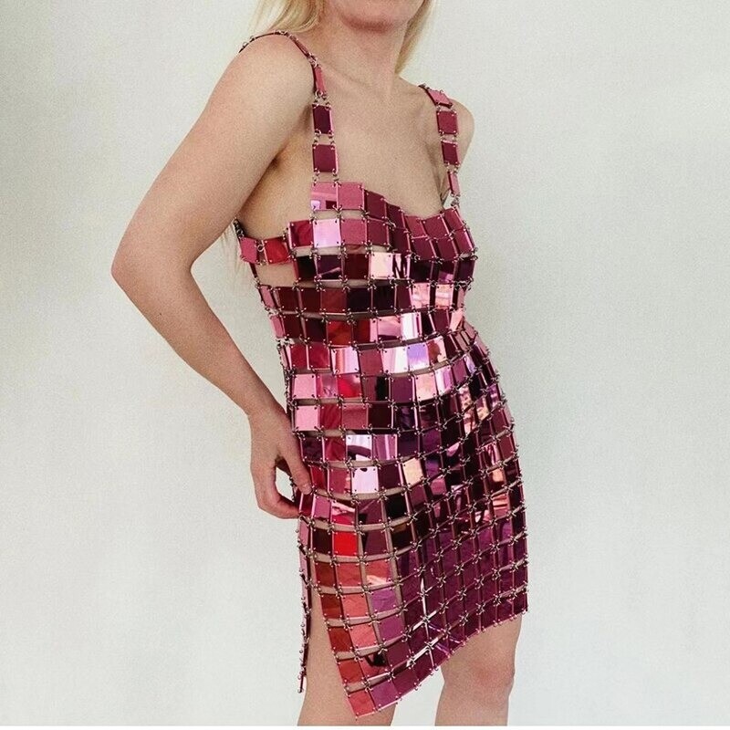 Square Sequin Chain Mini Dress Sexy Backless Clubwear Rave Festival ...