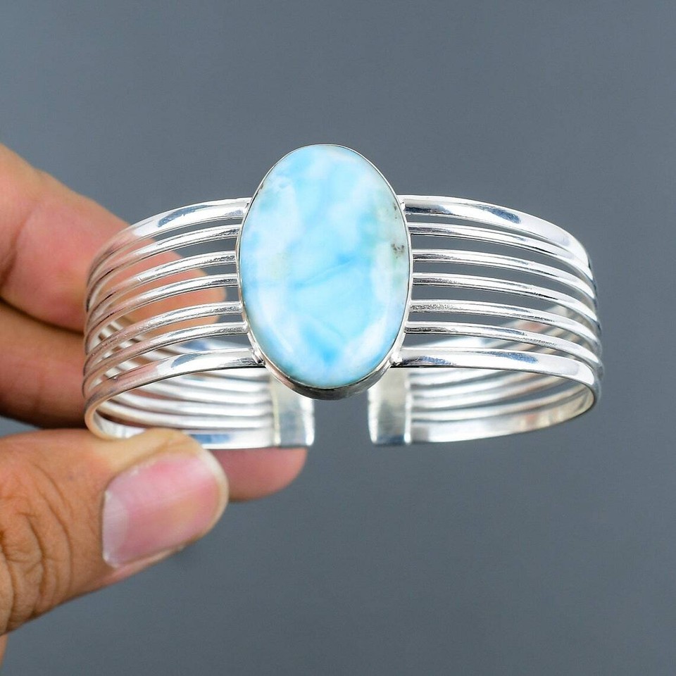 Larimar Gemstone Bangle 925 Silver Handmade Women Cuff Bracelet Jewelry ...