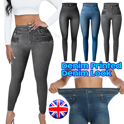 Womens Stretchy Ladies Denim Print Denim Look Ripped Skinny Legging ...