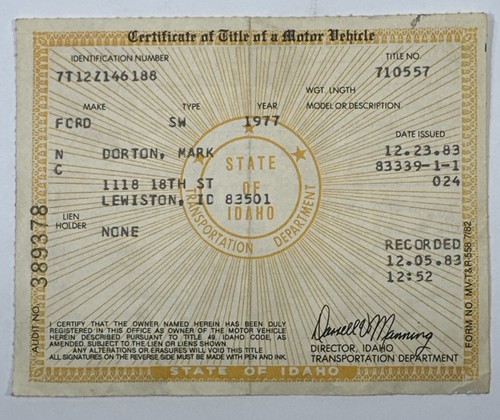 1977 Ford SW Vintage Collector Idaho Car Title Historic Document | eBay