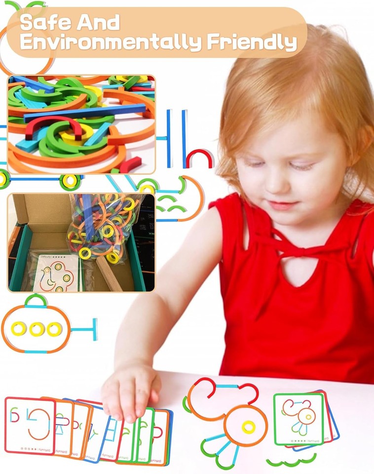 Montessori Smart Sticks, 120Pcs Wooden Pattern Blocks Shape Puzzles ...