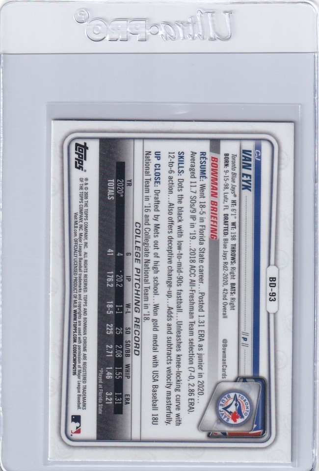 2020 BOWMAN CHROME 1ST RC CJ VAN EYK TORONTO BLUE JAYS ROOKIE DRAFT ...