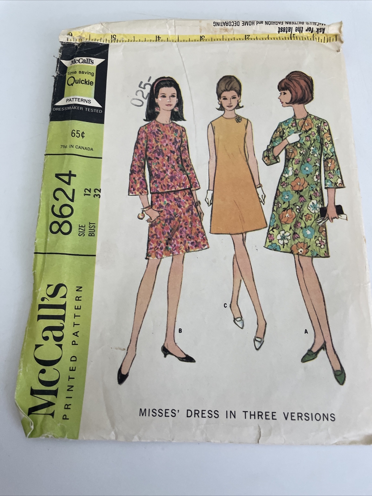 McCall's 8624 Mod A-Line Dress w Bell Sleeves Sz 14 CUT COMPLETE ...