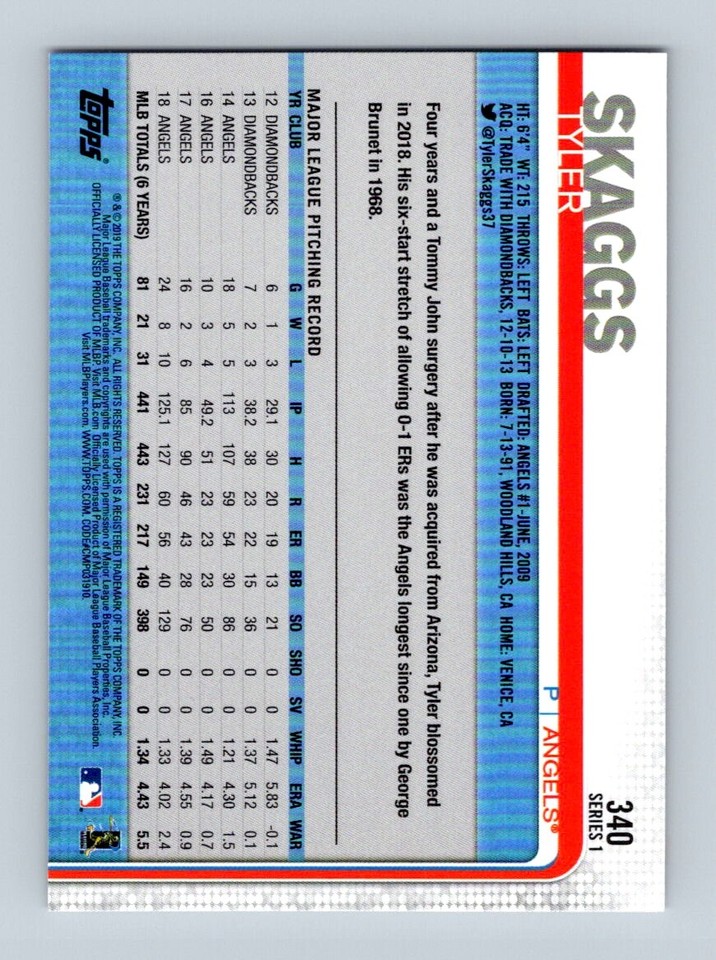 2019 Topps ASG Foil Stamp #340 Tyler Skaggs Los Angeles Angels | eBay