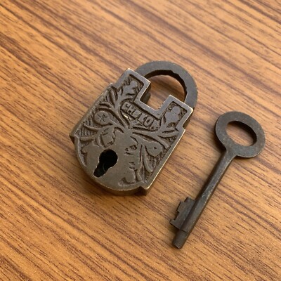 BRASS MINIATURE PADLOCK OR LOCK WITH KEY, OLD OR ANTIQUE, Nice Carving ...