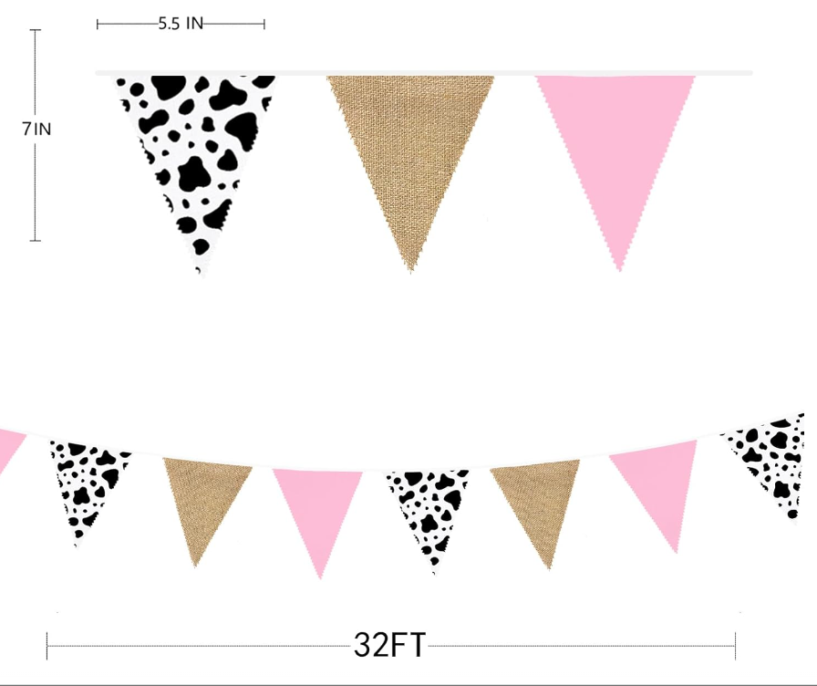 32Ft Western Farm Party Decorations Burlap Pink Cow Triangle Flag ...