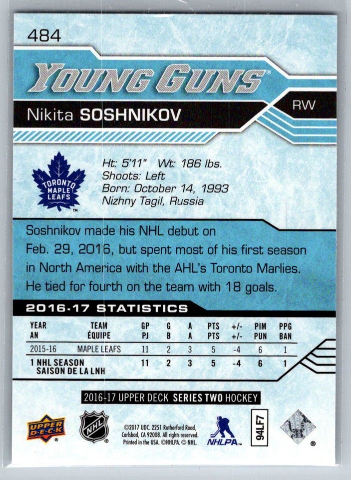 2016 Upper Deck #484 Nikita Soshnikov Young Guns | eBay