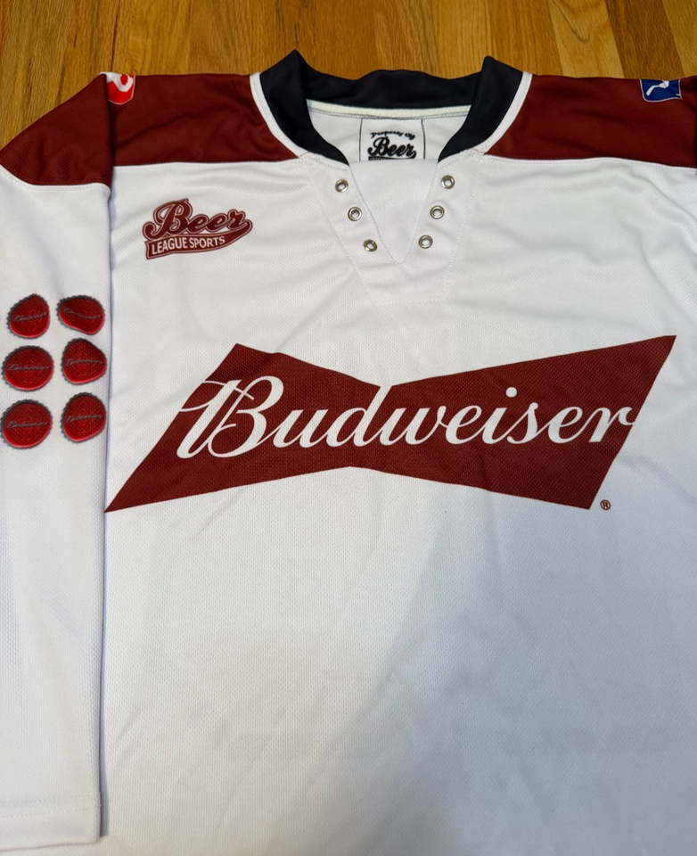 Beer League Sports Budweiser Hockey Jersey #16 Men’s Large White Red ...