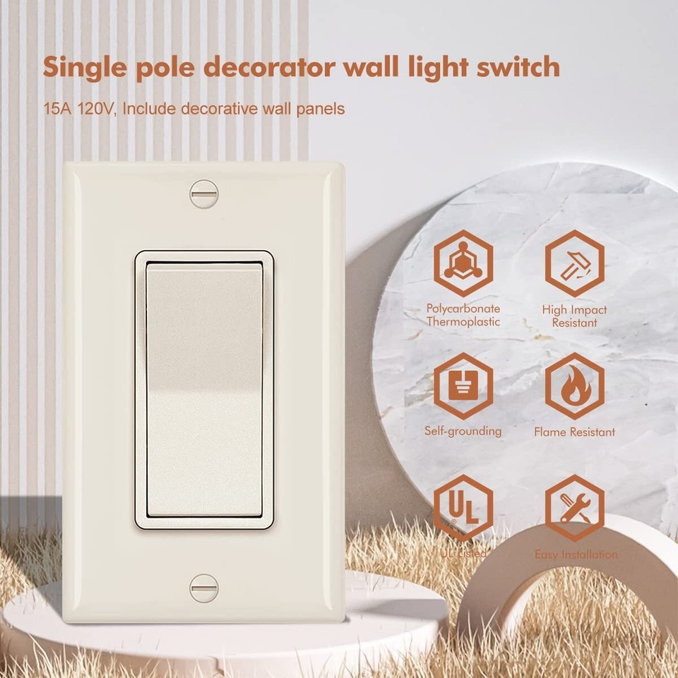 10 Pack Decora Light Switch,Ivory, Single Pole Paddle Rocker,15A 120V ...