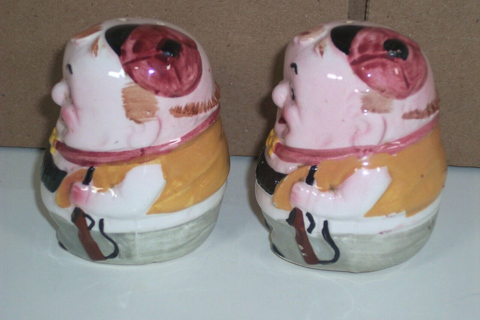 Vintage Salt & Pepper Shakers Fat Man with Rifle, Hat, Bowtie, Vest ...