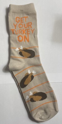 Women's Thanksgiving GET YOUR TURKEY ON Crew Socks *Beige *Sz 4-10 *New ...