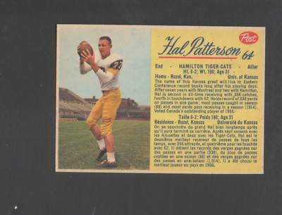 1963 Post Canadian Football Card #64 Hal Patterson-Hamilton Tiger Cats ...