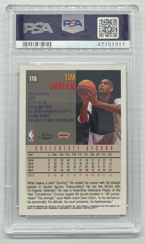 1997-98 Topps Chrome Tim Duncan Rookie RC Card #115 PSA 9 San Antonio ...