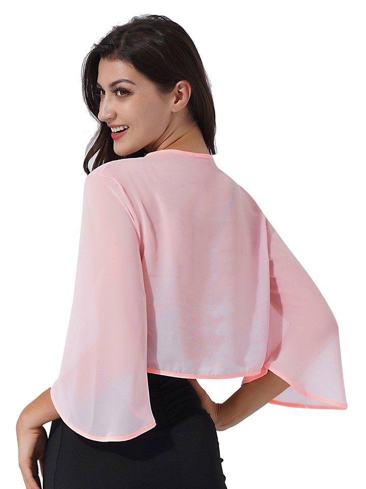 Women Chiffon Solid Bolero Shrug Jackets Open Front 3/4Sleeve Cropped ...