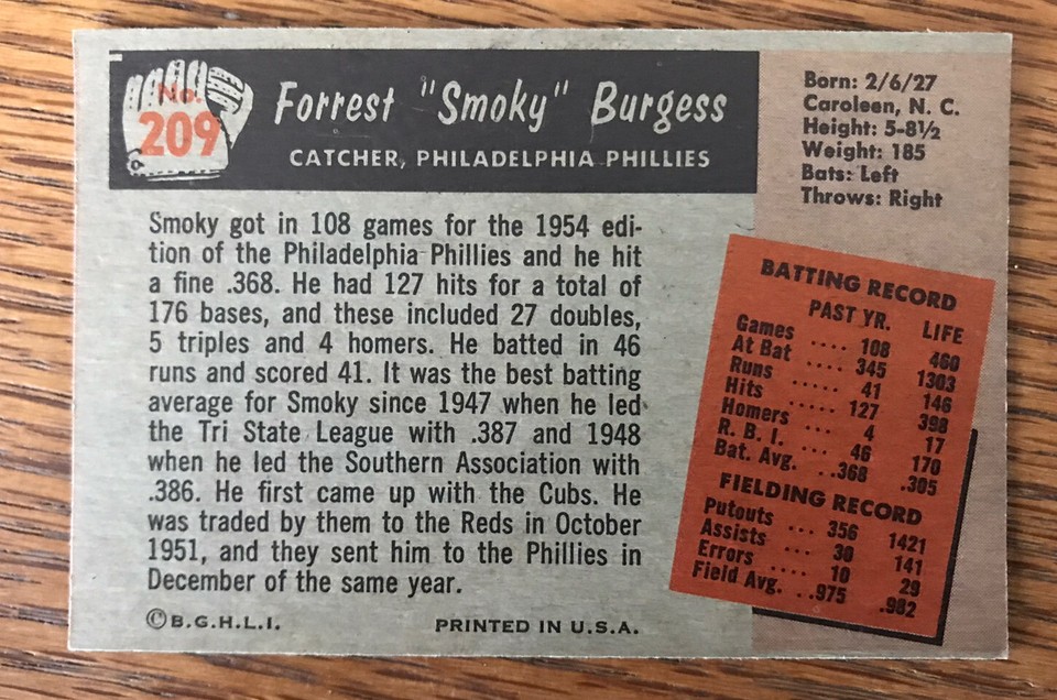 1955 Bowman Forrest Smoky Burgess Philadelphia Phillies #209 NM | eBay