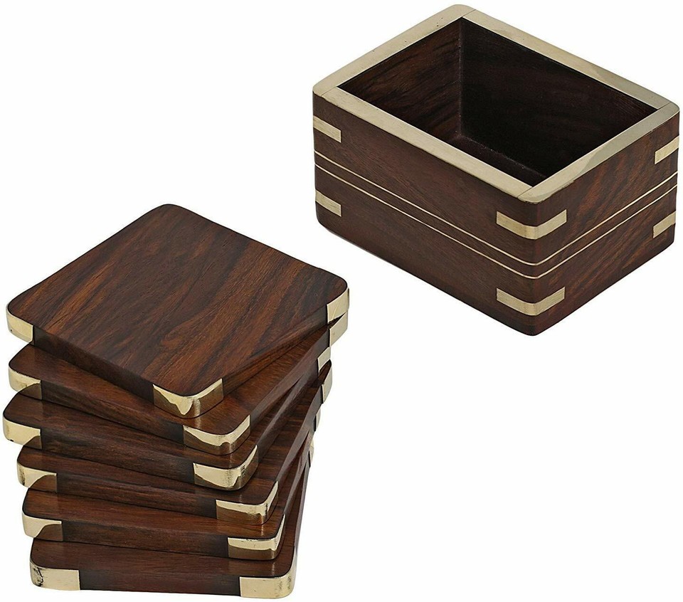 Wooden Table Coaster Set of 6 for Tea Cups Coffee Mugs with fine Brass ...
