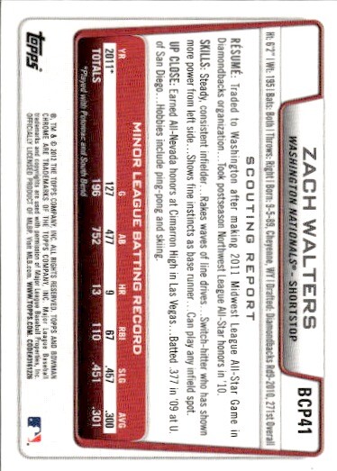 2012 Bowman #BCP41 Zach Walters Chrome Prospects Washington Nationals ...
