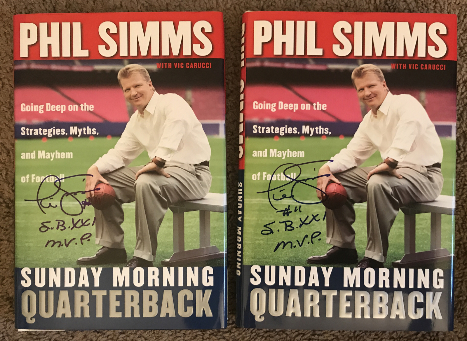 2 AUTOGRAPH Signed Phil Simms Books Sunday Morning Quarterback SUPER ...