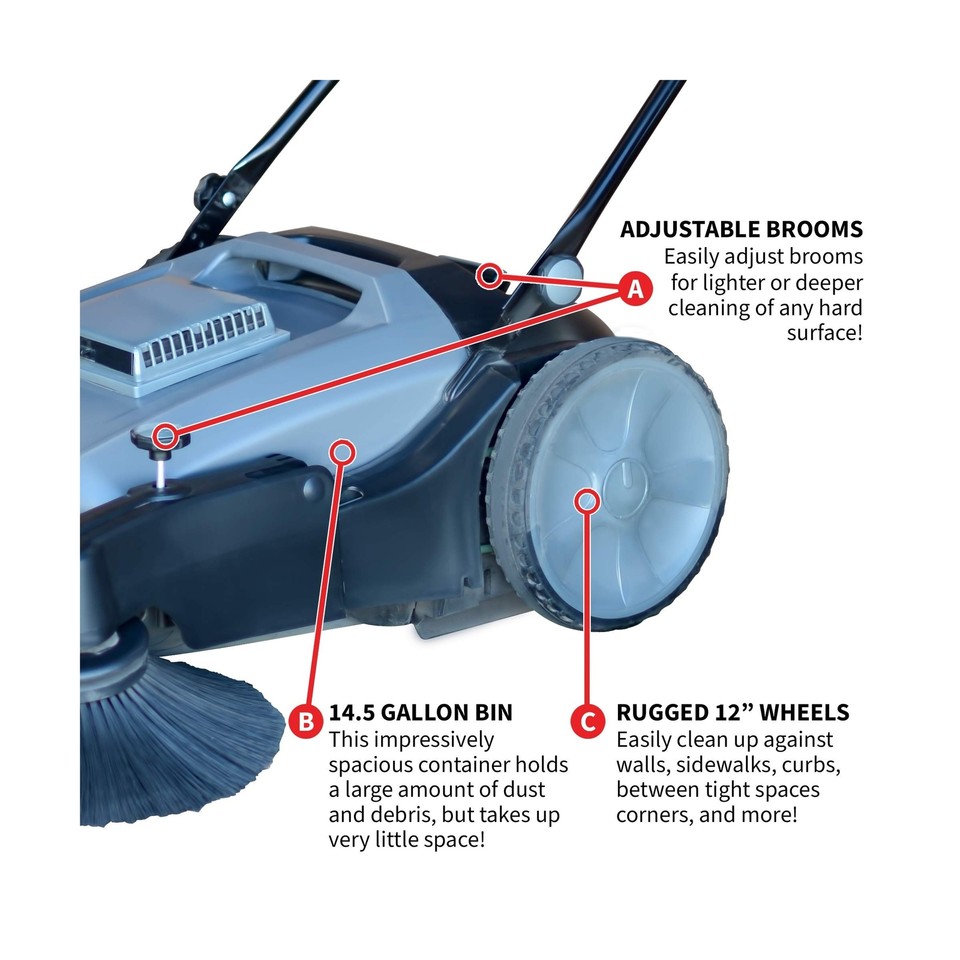 Tomahawk Industrial 38" Walk Behind Push Sweeper with Triple Power Side ...