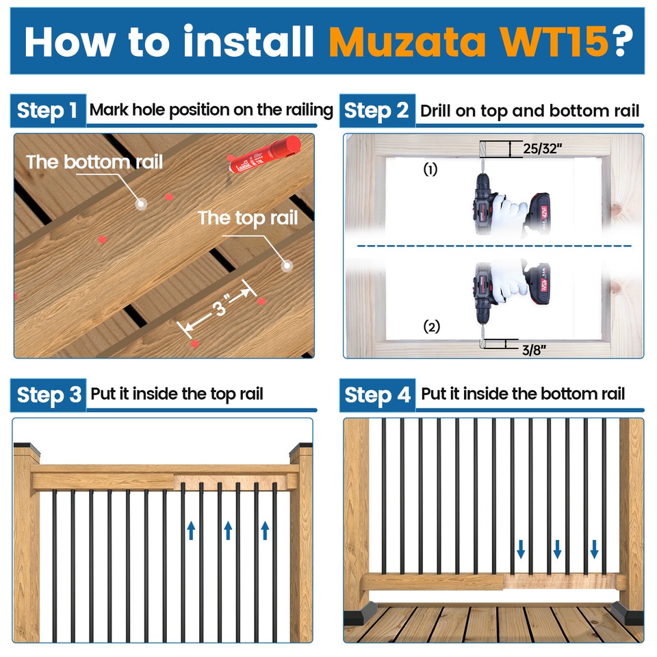 Muzata 32" Aluminum Deck Balusters Round 3/4" Diameter Black Balusters WT15 | eBay