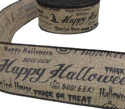 CLOSEOUT! 10yds Happy Halloween Wired Ribbon Trick or Treat Beige Black ...