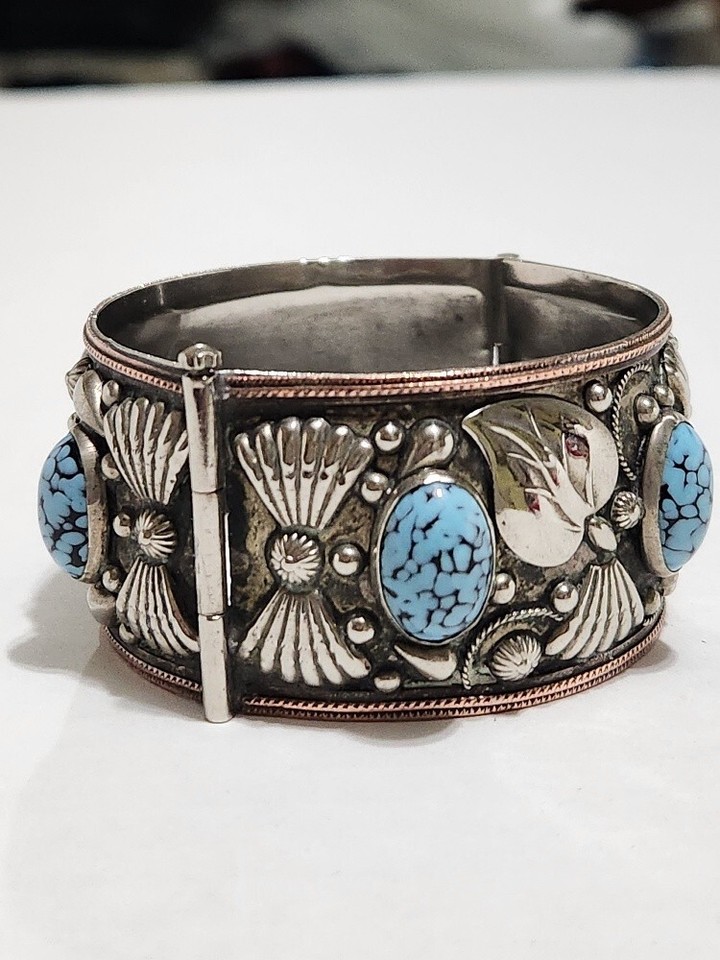 Vintage 1960s ALP Italy Alpaca Silver Turquoise Murano Glass Cuff ...
