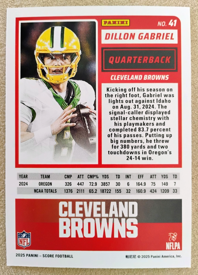 2025 Score, # 41 DILLON GABRIEL rookie card, Oregon Ducks, Cleveland ...