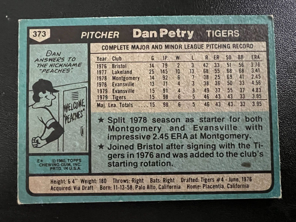 1980 Topps Dan Petry #373 Detroit Tigers Rookie Card RC EX-NM | eBay