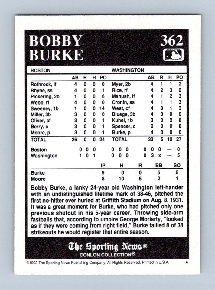 1992 Conlon Collection #362 Bobby Burke | eBay