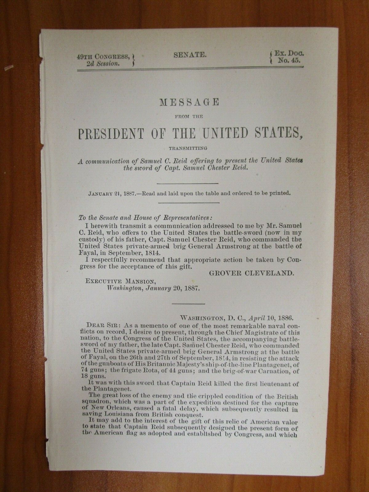 Government Report 1/21/1887 Sword of Captain Samuel Chester Reid Battle ...