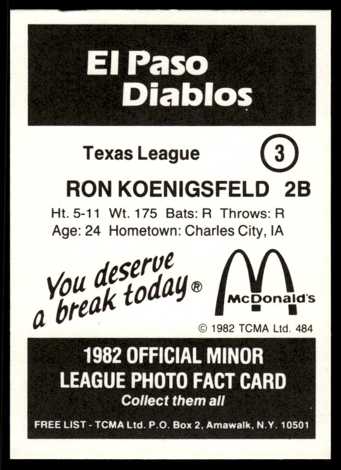 1982 TCMA El Paso Diablos Ron Koenigsfeld El Paso Diablos #3 | eBay