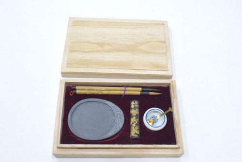 Chinese Calligraphy Set Brushes Ink Tray Wooden Box | eBay