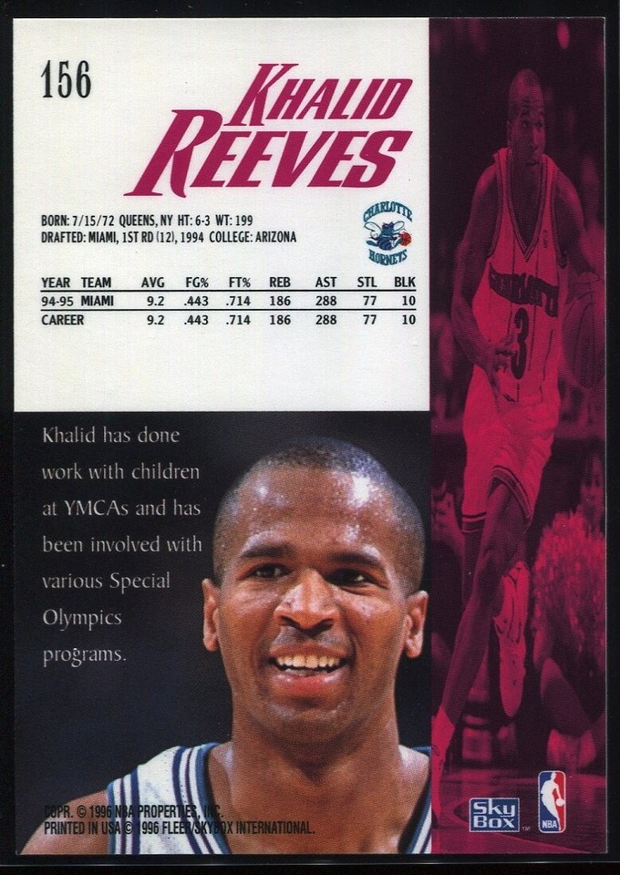 1996 Skybox Basketball Khalid Reeves #156 Charlotte Hornets | eBay