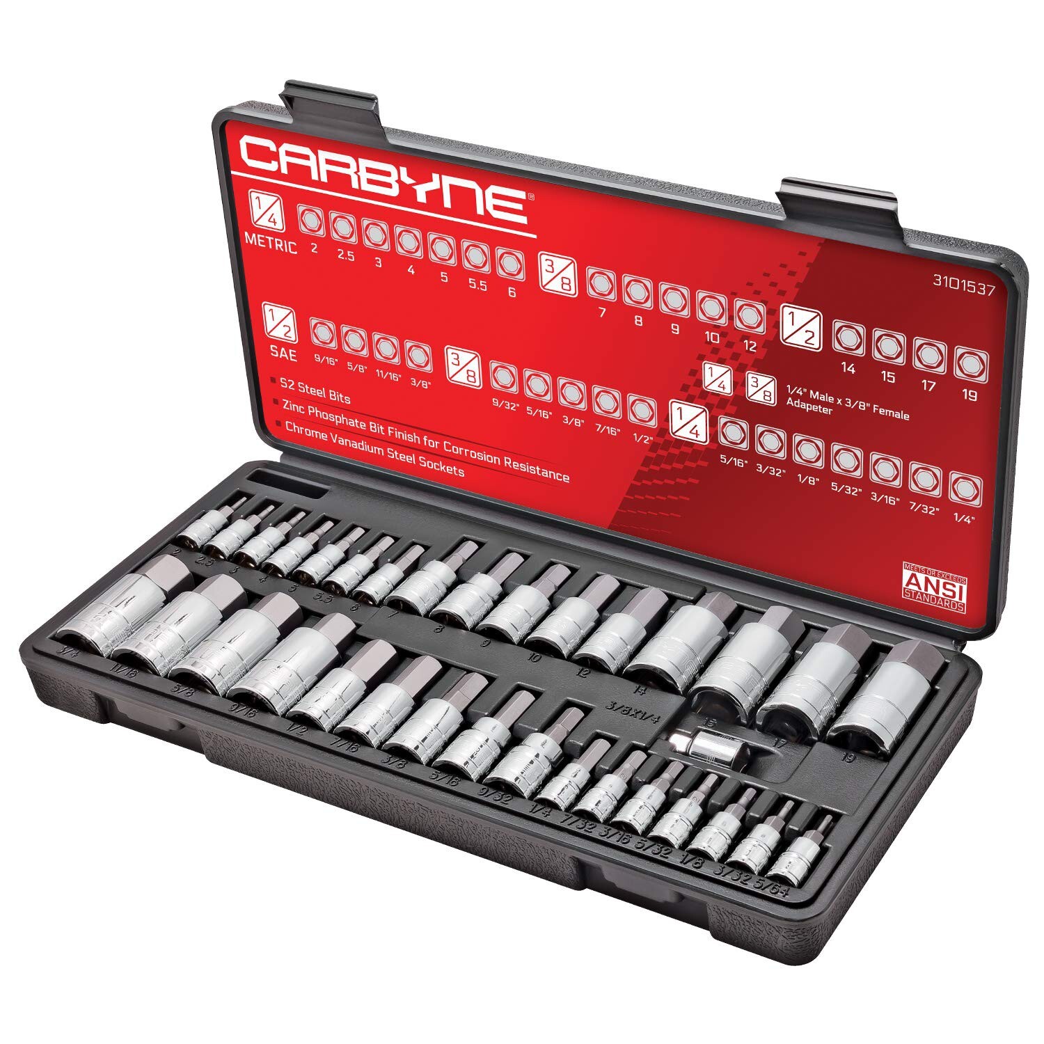 CARBYNE 33 Piece Master Hex Bit Socket Set, S2 Steel Bits | SAE & Metric