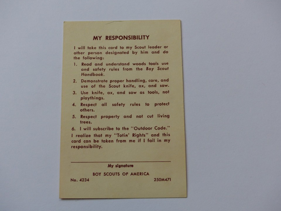 Used Circa 1971 Totin' Chip Card Boy Scout BSA Axe Knife Saw Skill ...