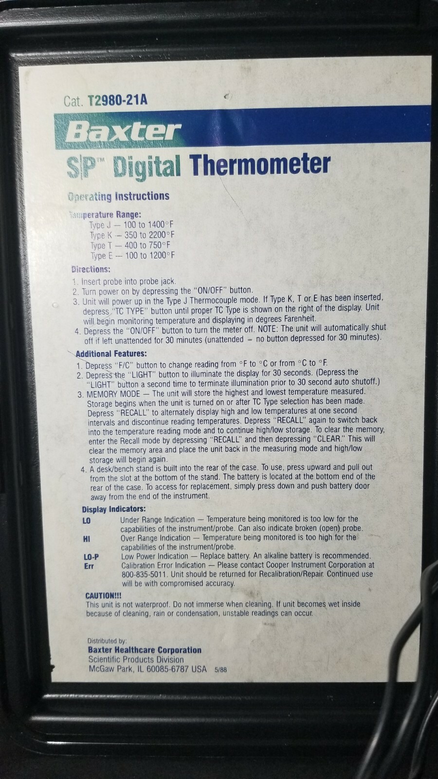 Baxter Scientific Products S/P Digital Thermometer Cat T2980-21A Probe ...