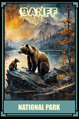 Banff National PArk Grizzly Bears Wildlife Animal Art Travel Poster 16x ...